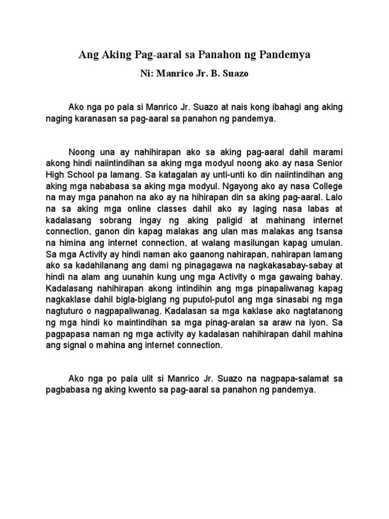 Ang Aking Pag-Aaral Sa Panahon NG Pandemya | PDF