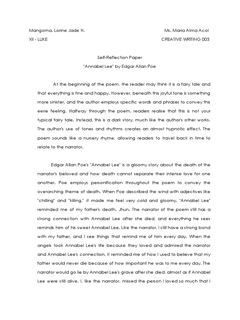 Annabele Lee Reflection Paper | PDF | Poetry