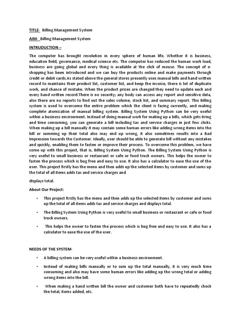 Billing System Project | PDF