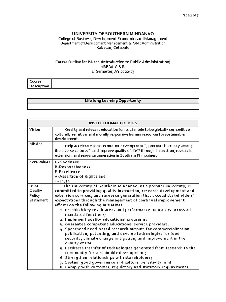 PA 111-Course Outline-1st Sem 2022-23 | PDF | Career & Growth | Business