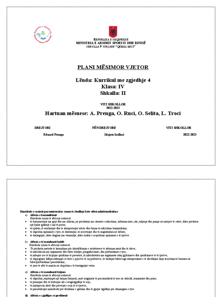 Kurrikula Me Zgjedhje Klasa 4 Plani Vjetor | PDF