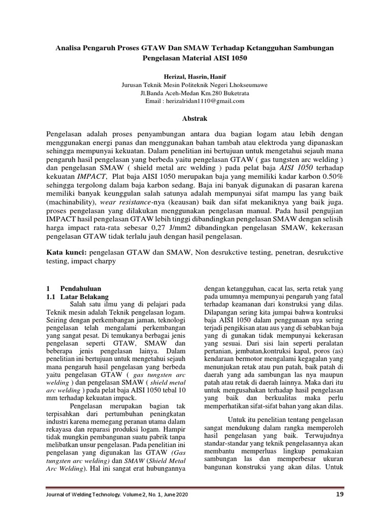 Analisa Pengaruh Proses GTAW Dan SMAW Terhadap Ketangguhan Sambungan Pengelasan Material AISI ...