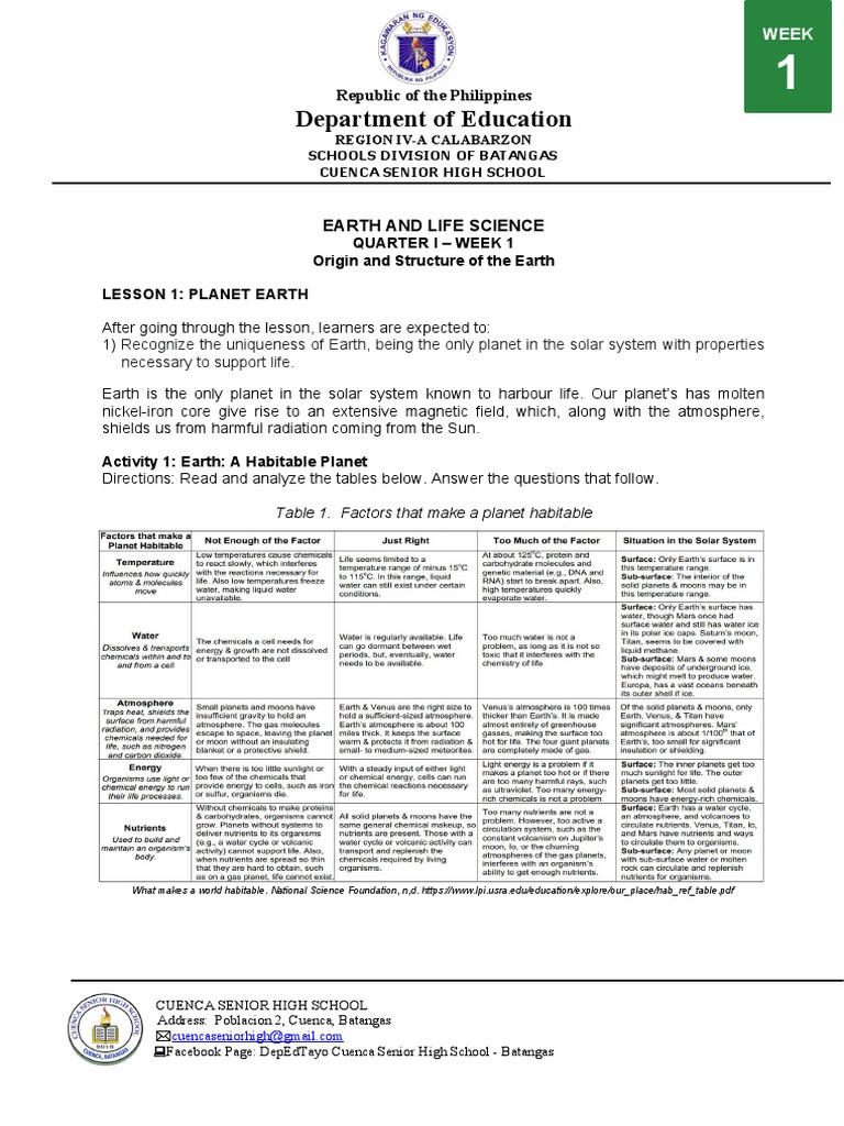 Q1 - Els - Week 1 | PDF | Minerals | Earth