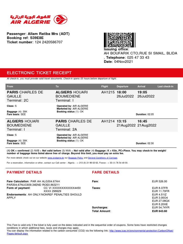 Passenger Itinerary and Electronic Ticket Receipt for Travel Between Paris and Algiers | PDF ...
