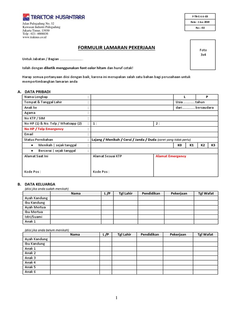 Form Lamaran Kerja PT Traktor Nusantara - Nama | PDF