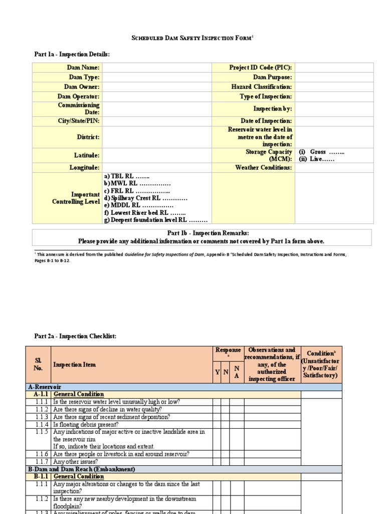 Pre-Post Monsoon Inspection Format | Download Free PDF | Dam | Spillway
