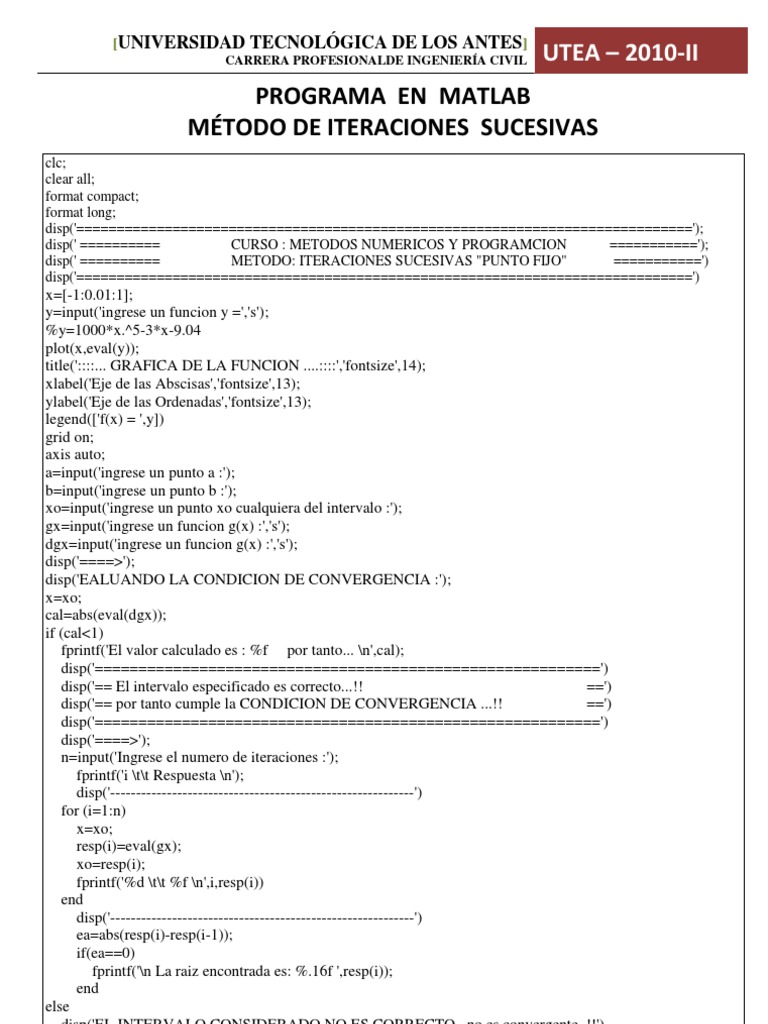 Programa en Matlab - Punto Fijo | PDF