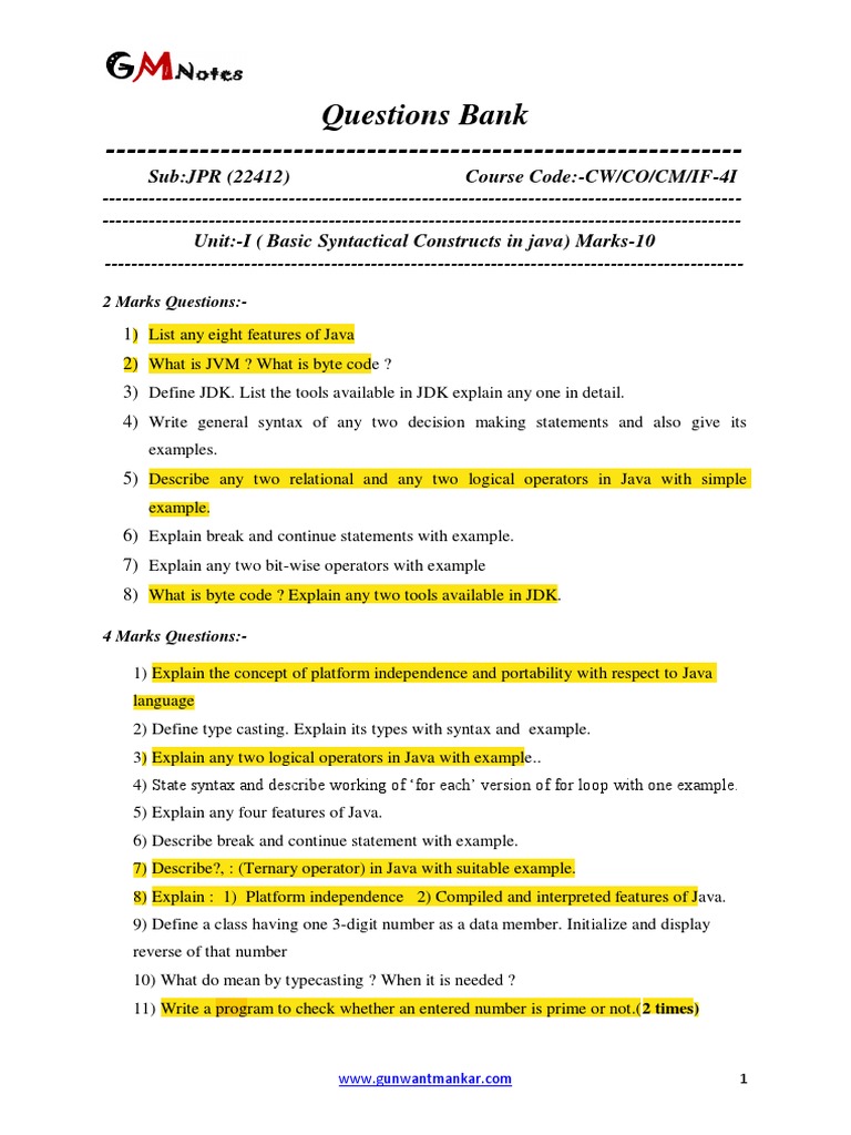 Questions Bank JPR | PDF | Method (Computer Programming) | Class (Computer Programming)