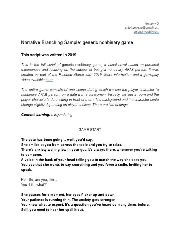 Anthony o - 2019 Narrative Branching Sample Generic Nonbinary Game | PDF