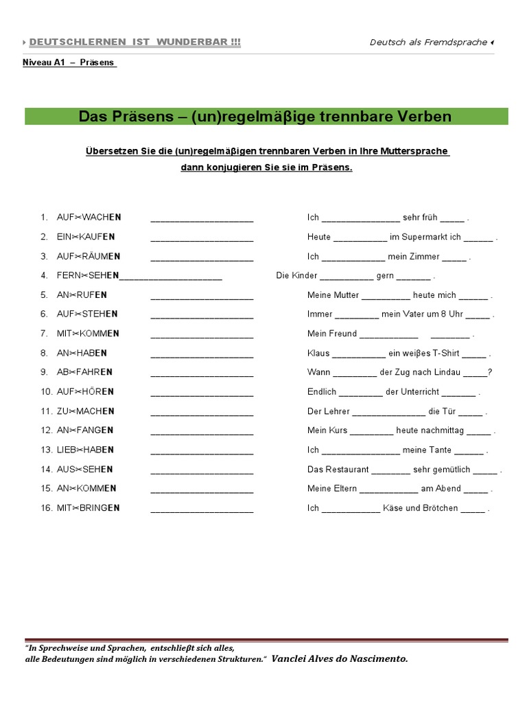 A1 Trennbare Verben Arbeitsblatter Grammatikerklarungen Grammatikubung ...