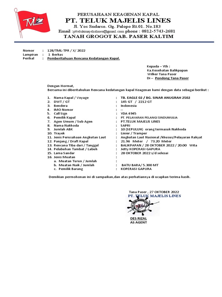 Pemberitahuan Rencana Kedatangan Kapal | PDF