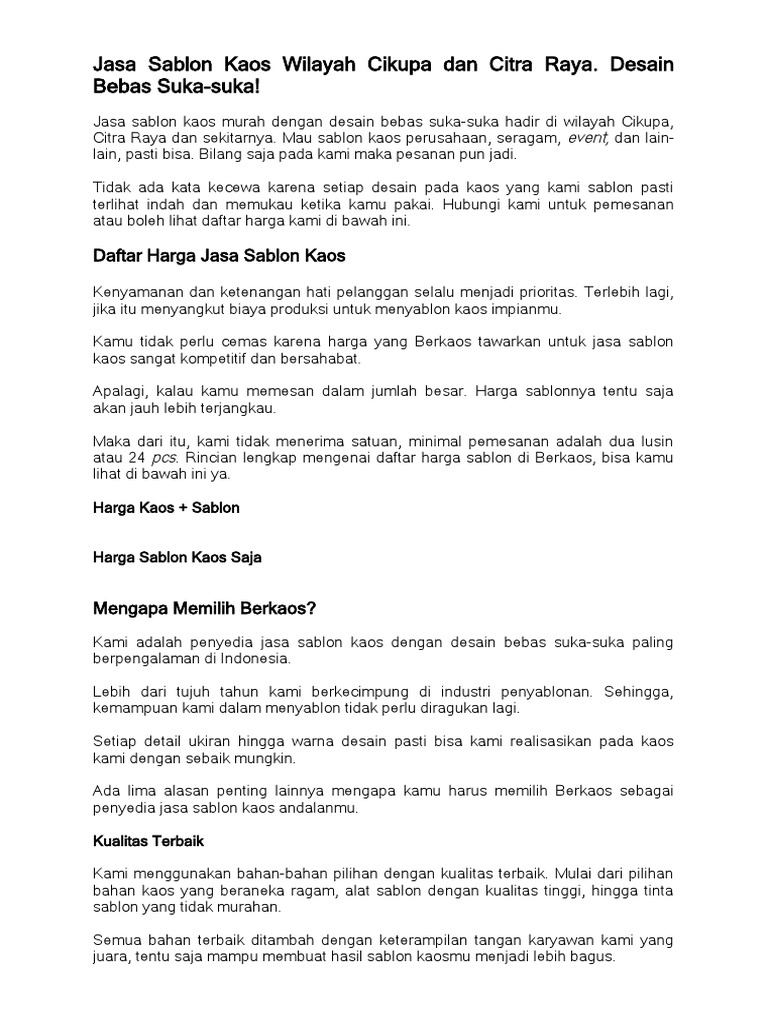 Jasa Sablon Kaos Wilayah Cikupa Dan Citra Raya. Desain Bebas Suka-Suka! | PDF