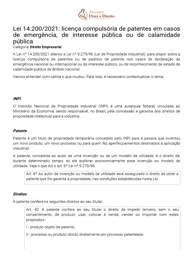 Lei 14 200 2021 Licen a Compuls ria De Patentes Em Casos De