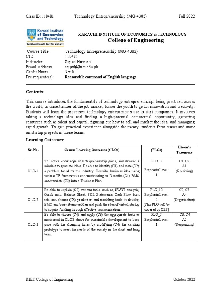 Course Outline Technology Entrepreneurship | PDF | Entrepreneurship ...