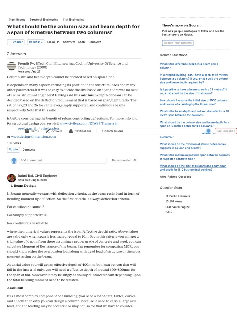 What Should Be The Column Size and Beam Depth For A Span of 8 Metres ...