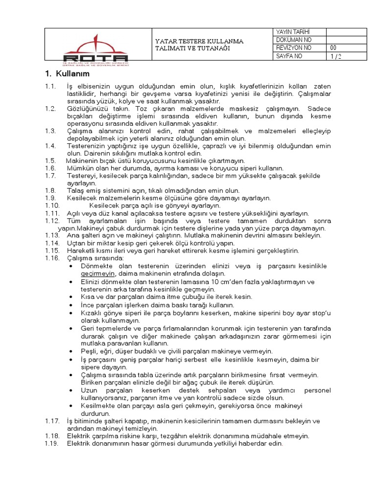 Yatar Daire Testere Calisma Talimati | PDF Yatar Daire Testere Calisma Talimati | PDF