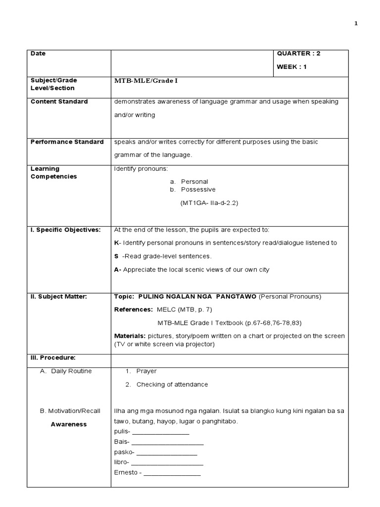 MTB Grade 1 Q2 Week 1 LP | PDF