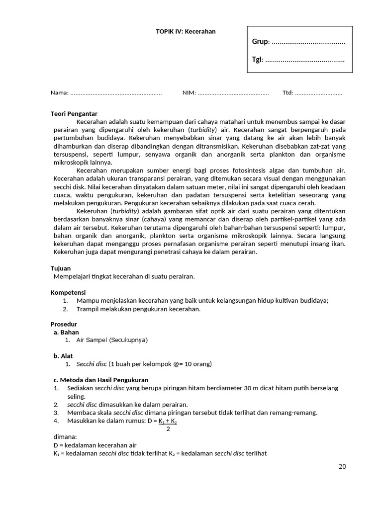 Modul Tultang KDLMN, KCRHN, KA Dan TSS Limnologi | PDF
