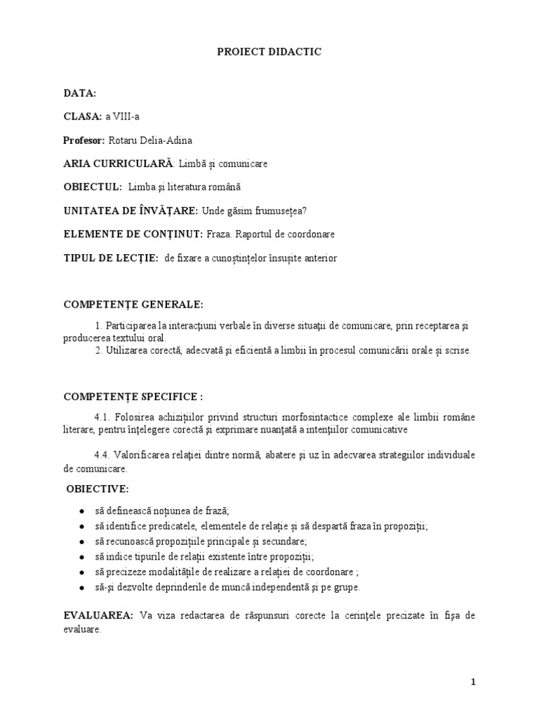 Proiect Didactic - Fraza - Raportul de Coordonare | PDF