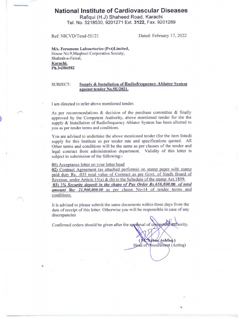 Tender 5E-2021 Award Letter | PDF