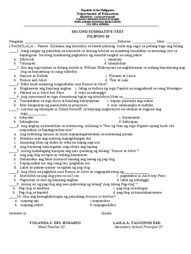 Summative Filipino Q2 | PDF