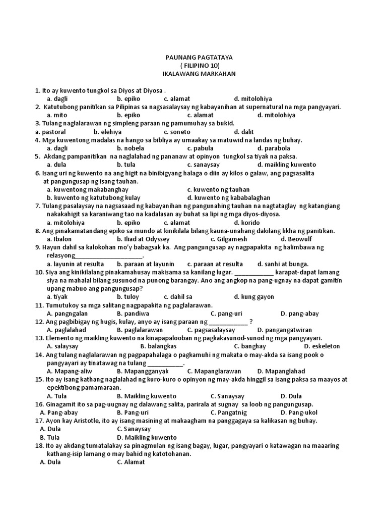 Pre Test Filipino New | PDF