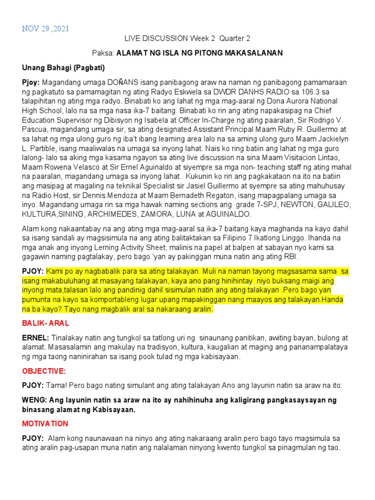 Pjoy Script Balitaktakan 7-Filipino q2 Week 2 | PDF