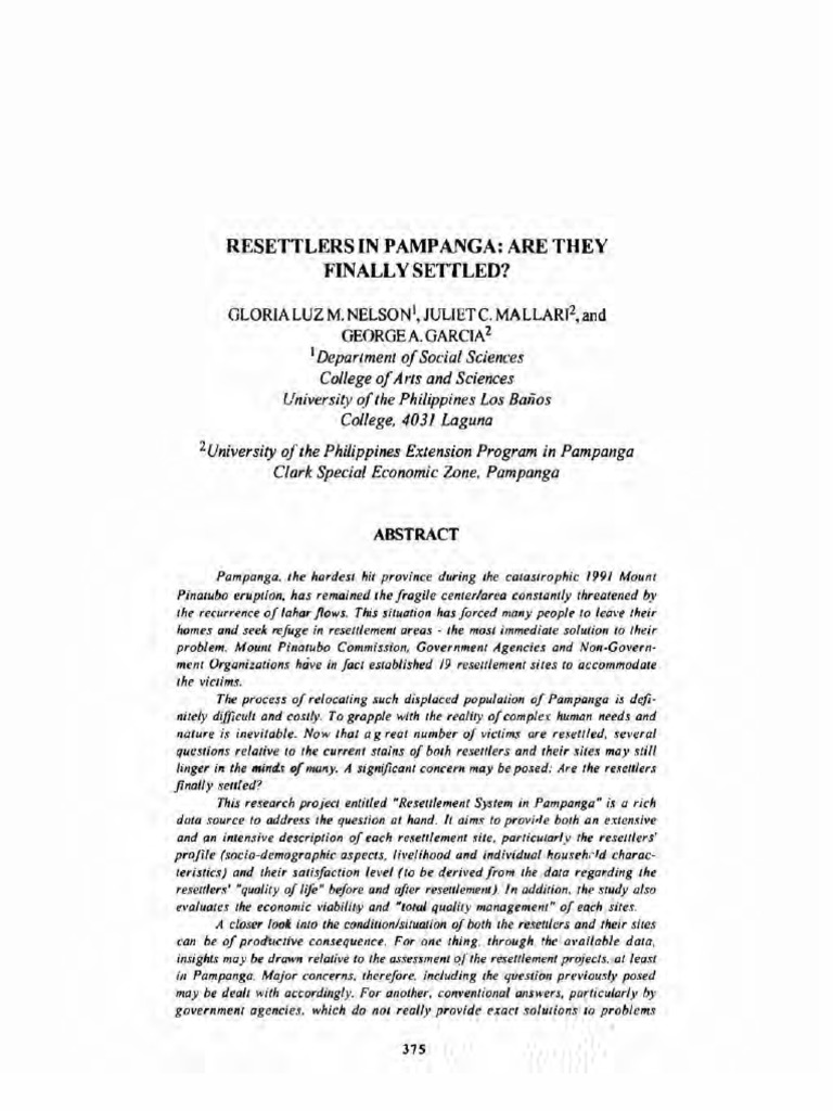 Resettlers in Pampanga. Are They Finally Settled 1997 | PDF