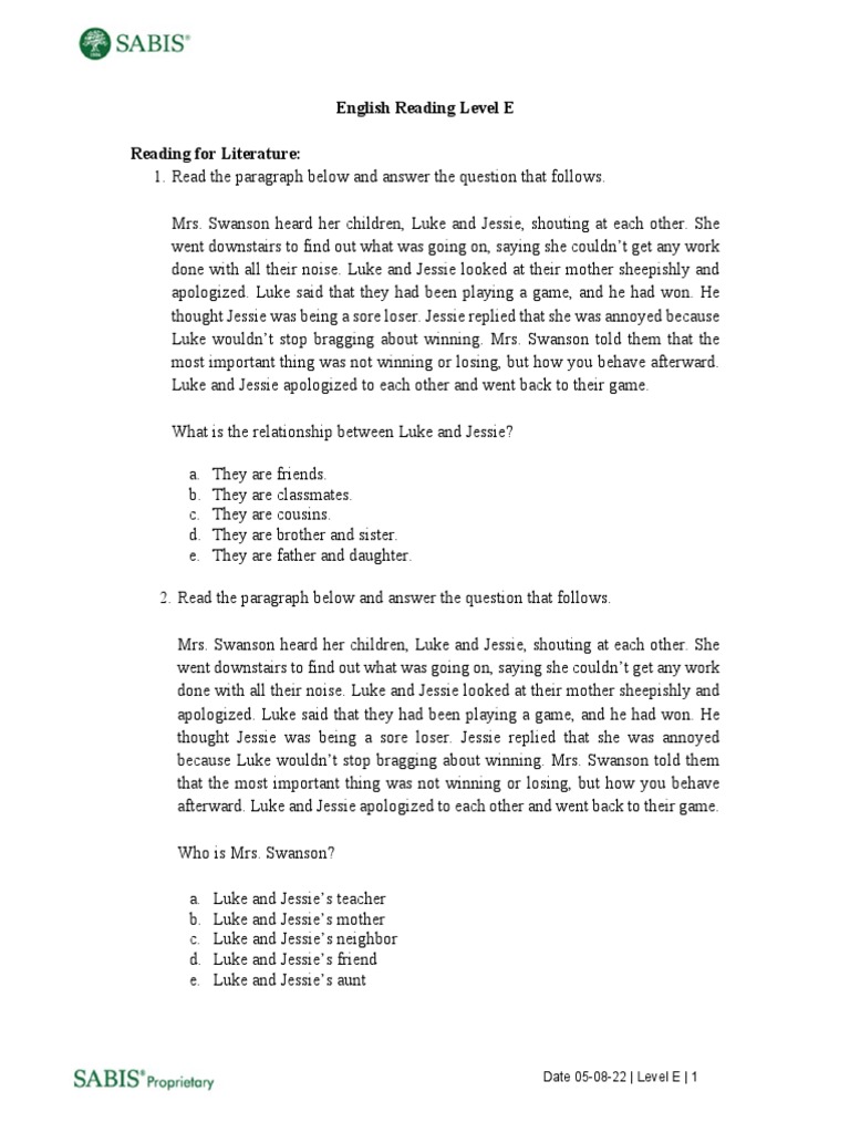 English Reading Level E-1 | PDF