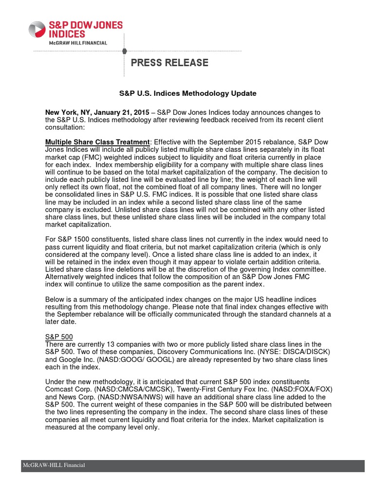 Press Release: S&P U.S. Indices Methodology Update | PDF | Stock Market Index | Financial Markets