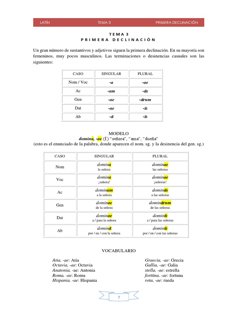 Primera Declinación en Latín: Sustantivos y Ejercicios | PDF ...
