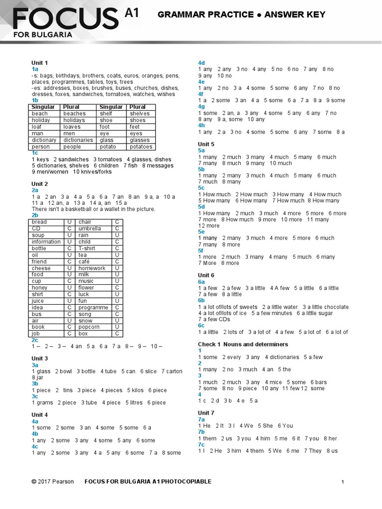 18 Focus A1 Grammar Practice Answer Key | PDF