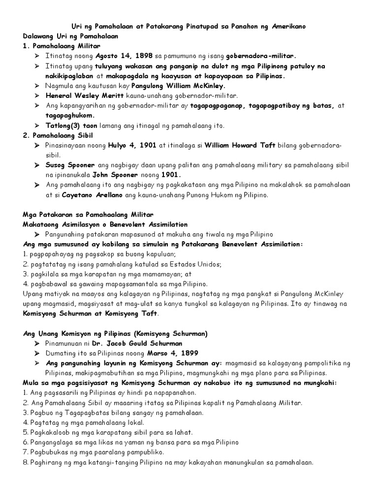 Uri NG Pamahalaan at Patakarang Pinatupad Sa Panahon NG Amerikano | PDF