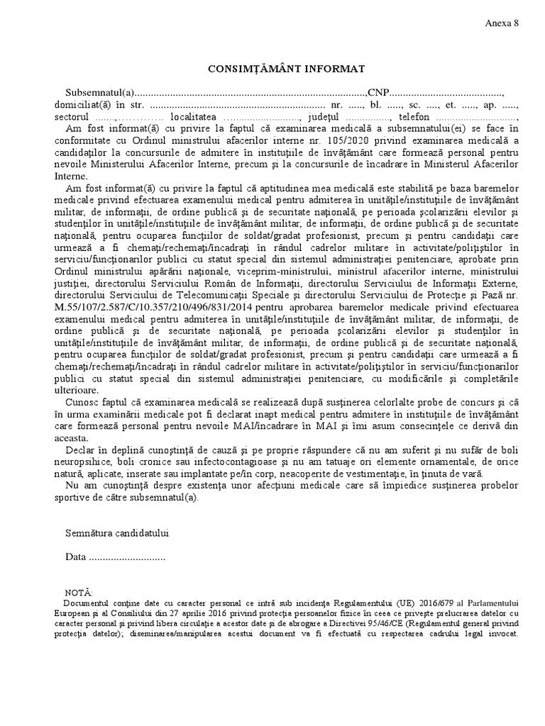 Anexa Nr. 8 Consimtamant Informat | PDF