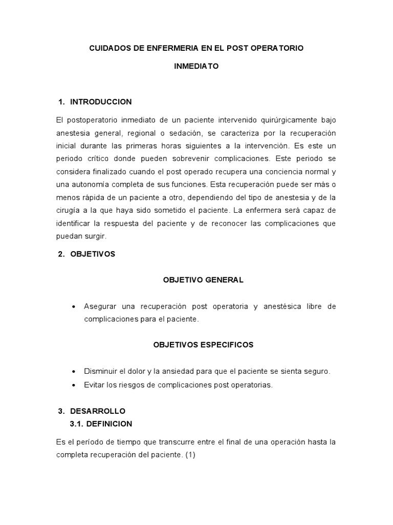 CUIDADOS DE ENFERMERIA EN EL POST OPERATORIO Nro 11111 | PDF ...