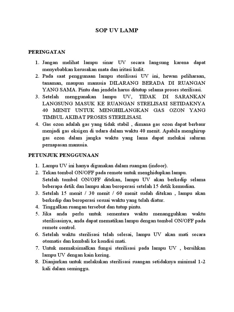 Sop Uv Lamp | PDF