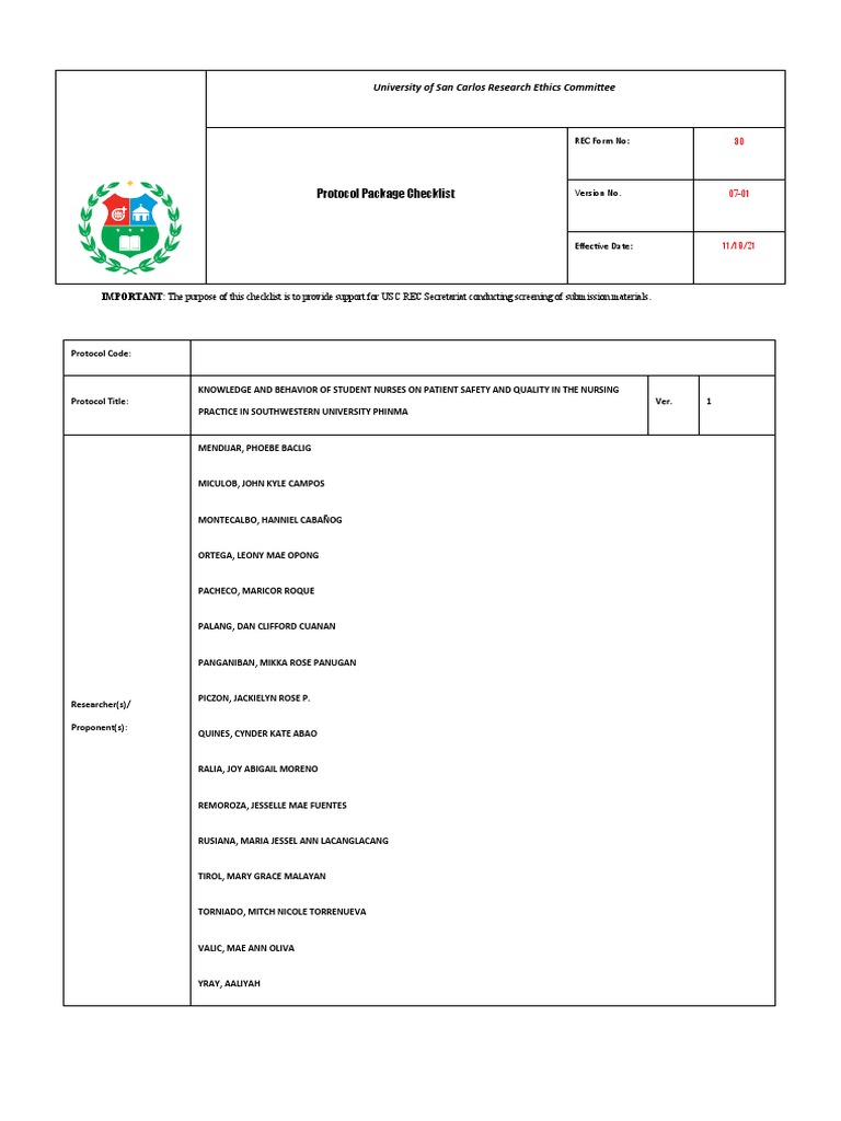 USC REC F 30 Protocol Package Checklist | PDF | Health Care