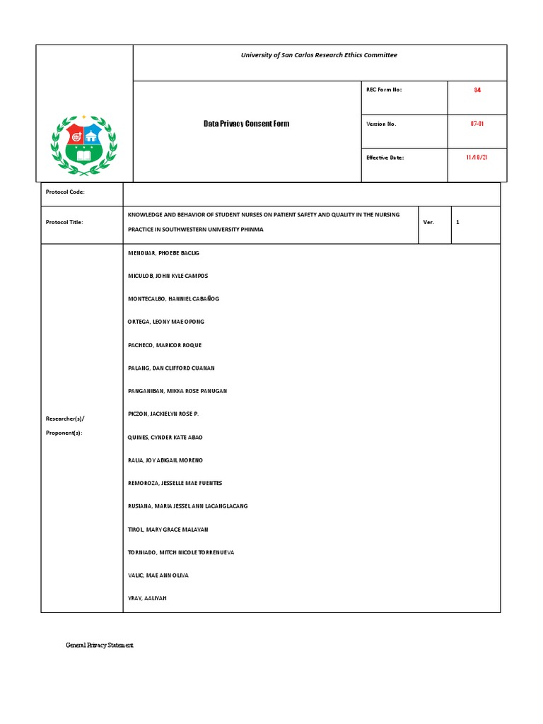 USC REC F 34 Data Privacy Consent Form | PDF | Privacy | Information