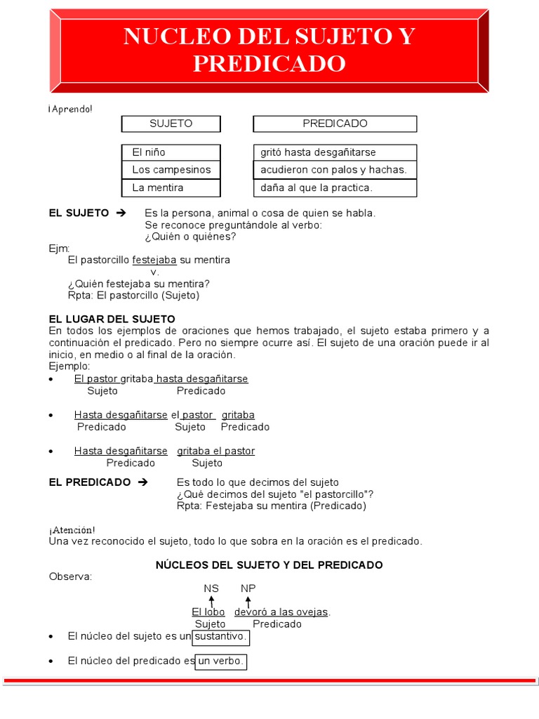 Jueves SOBRE EL NÚCLEO DEL SUJETO Y DEL PREDICADO | PDF | Predicado ...