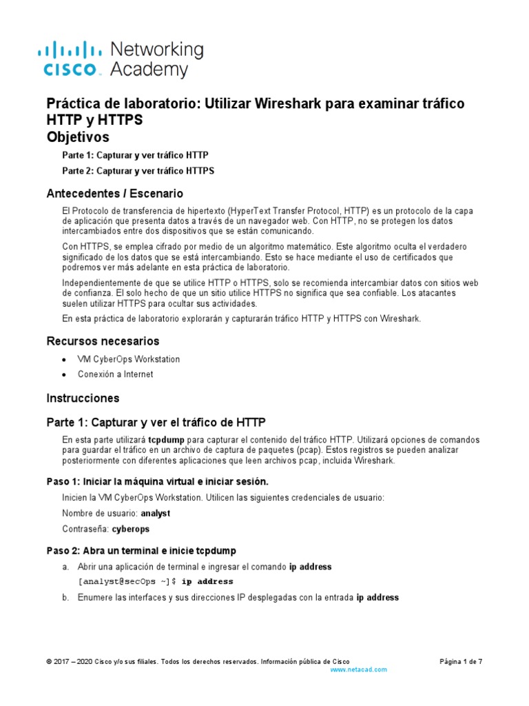 10.6.7 Lab - Using Wireshark To Examine HTTP and HTTPS Traffic | PDF