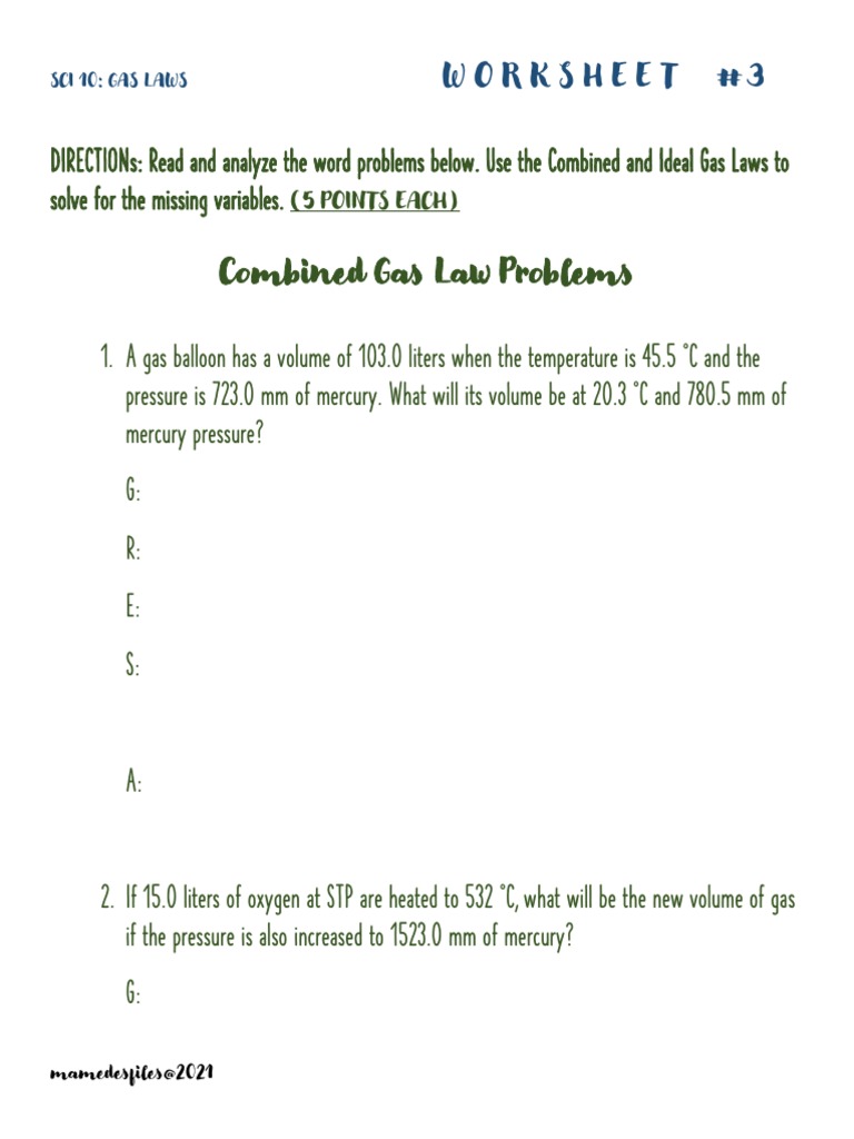 Gas Laws Worksheet #3 | PDF