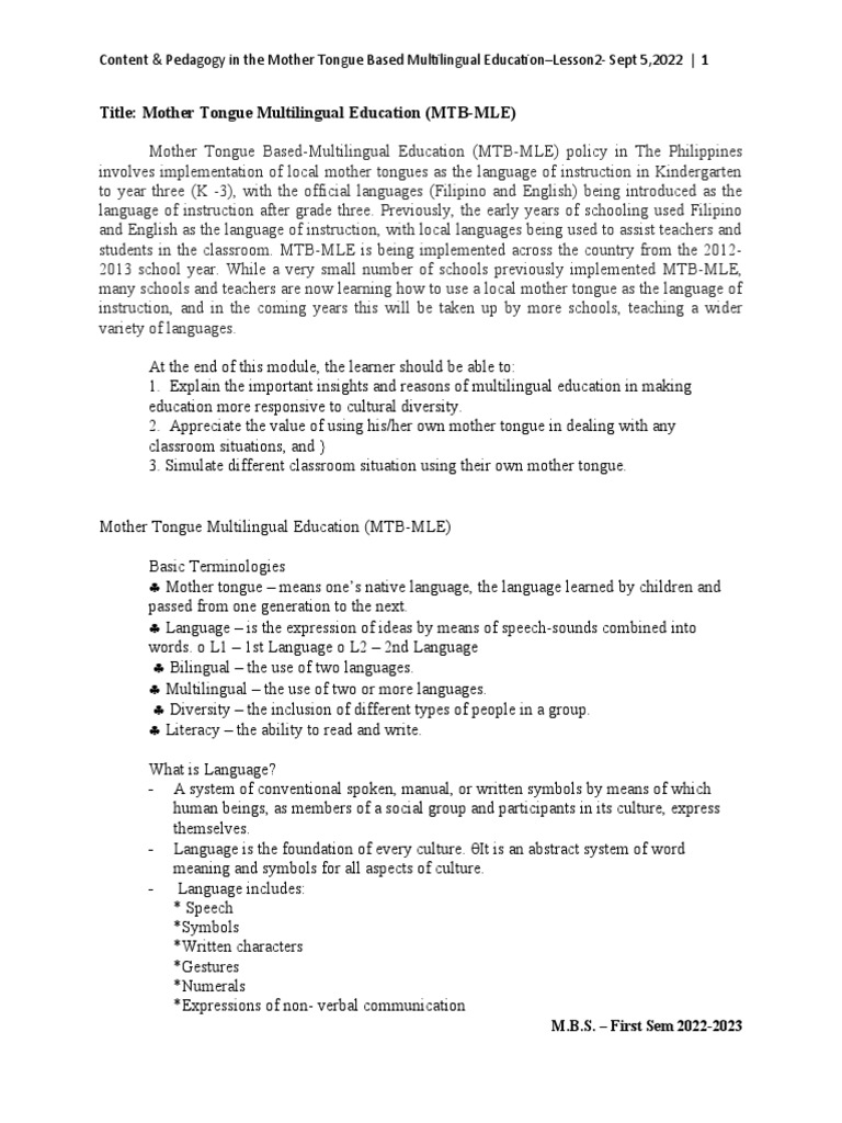 Lesson 2 - MTB | PDF | Multilingualism | First Language