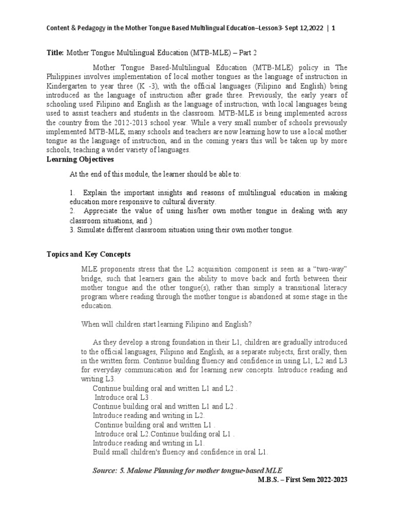 Lesson 3 - MTB | PDF | Second Language | Multilingualism