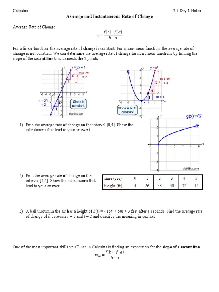 Notes 2.1 Day 1 Average and Instantaneous Rate of Change | Download ...