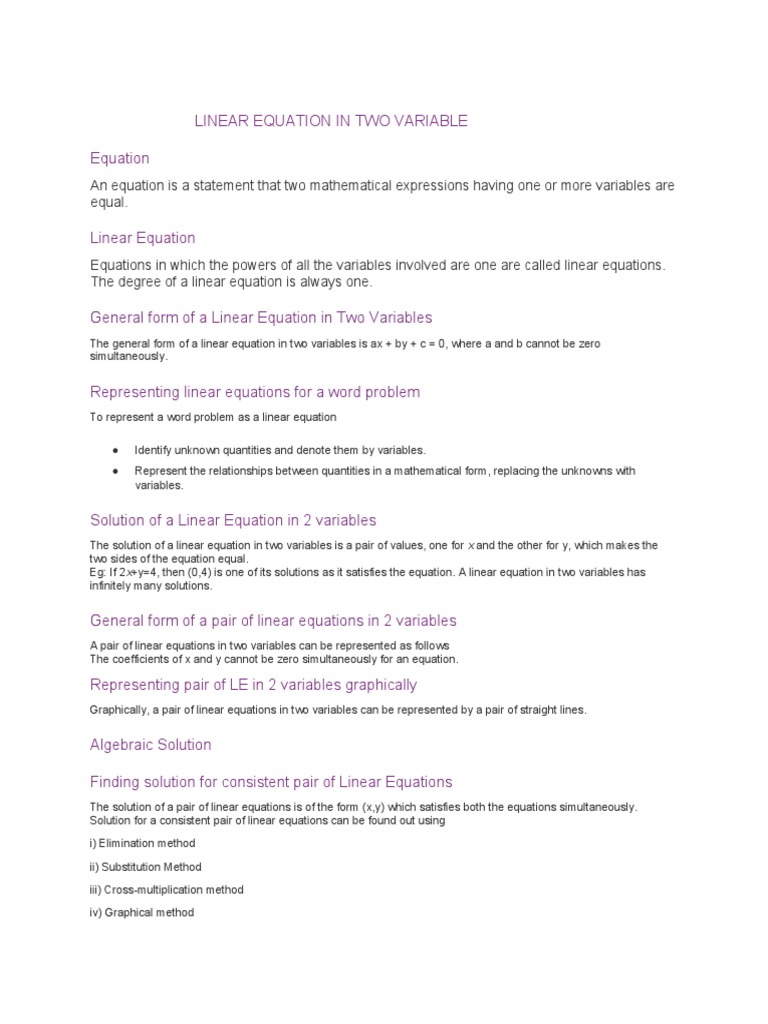 Linear Equation in Two Variable | PDF