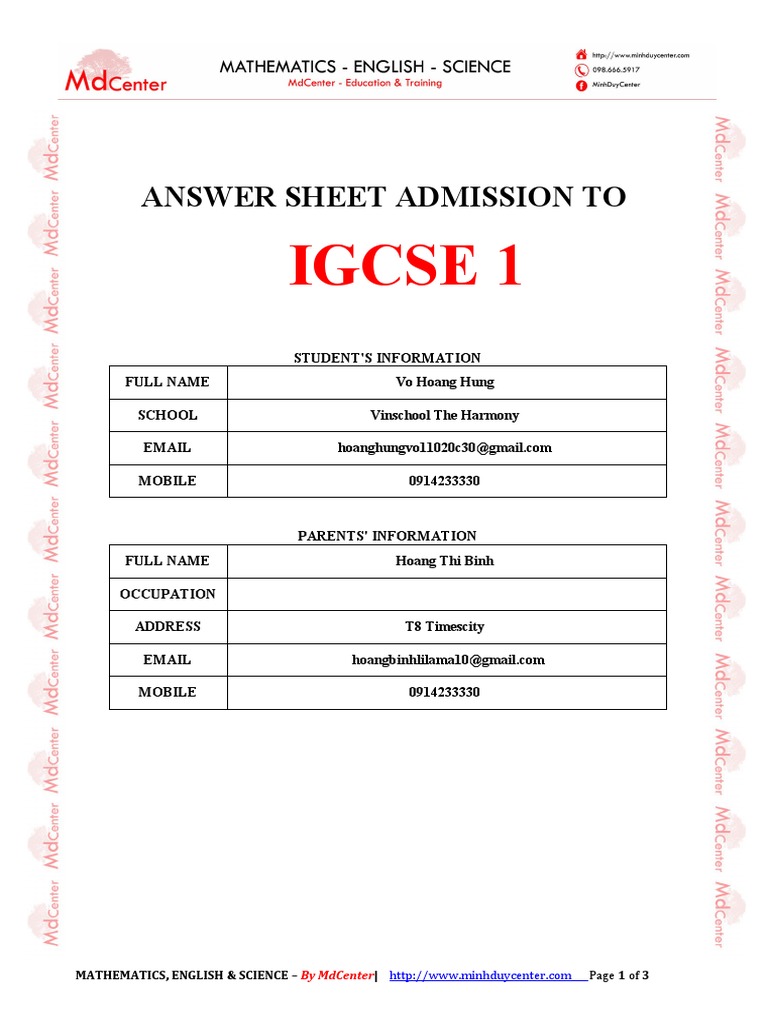 ANSWER SHEET_IGCSE 1 | PDF