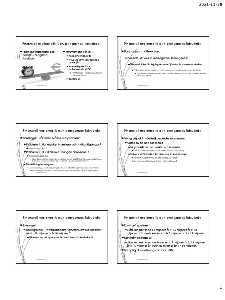 föreläsning 5 - Pengarnas tidsvärde | PDF