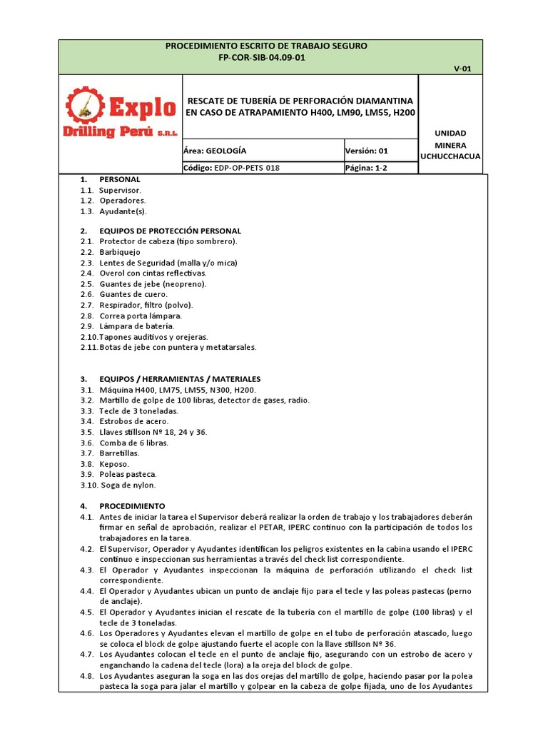 Procedimiento para el rescate de tubería de perforación diamantina ...