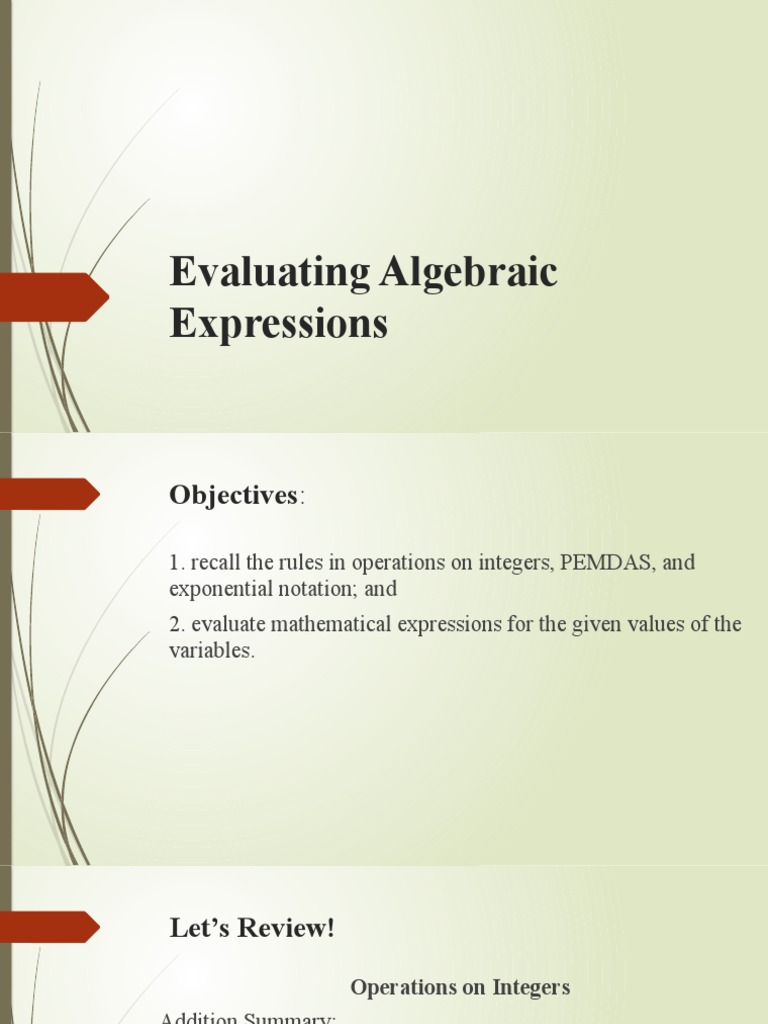 Evaluating Algebraic Expressions: A Review of Operations on Integers ...