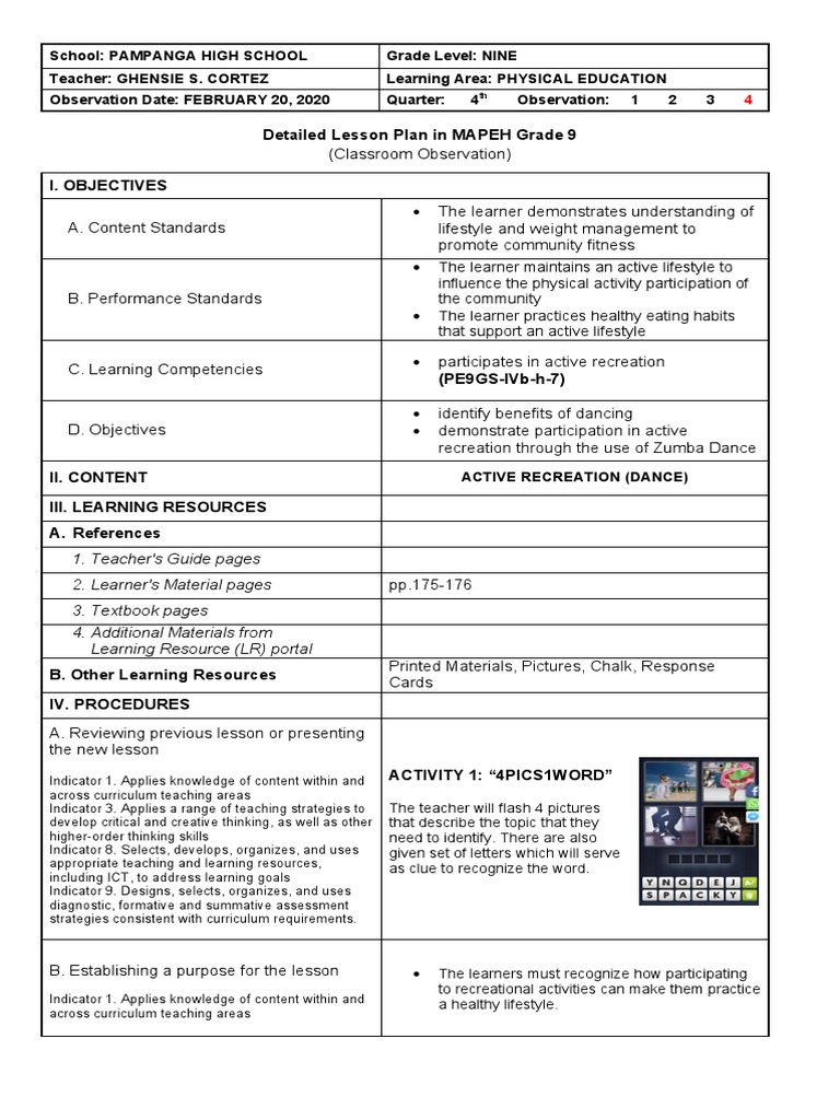 COT 4th Quarter DLL PE | Download Free PDF | Teaching Method | Curriculum